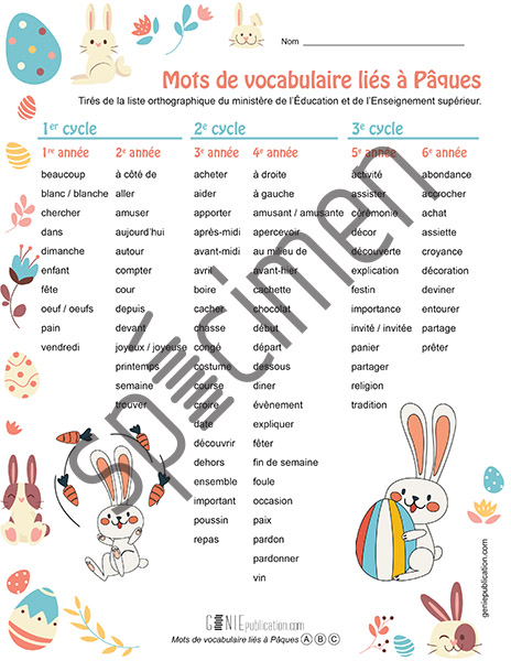 Géniepublication | Catalogue | Mots de vocabulaire liés à Pâques