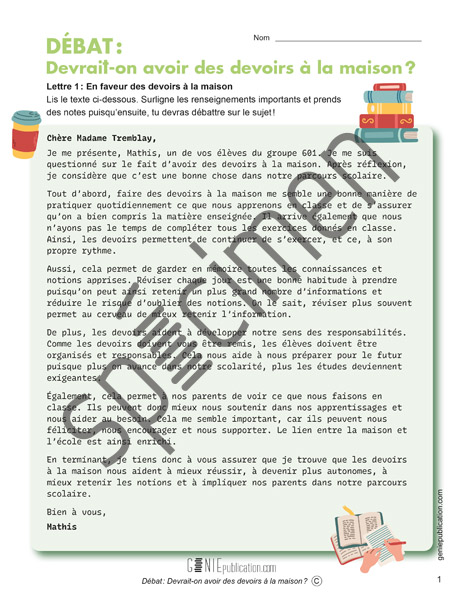 Géniepublication | Catalogue | Débat : Devrait-on avoir des devoirs à ...
